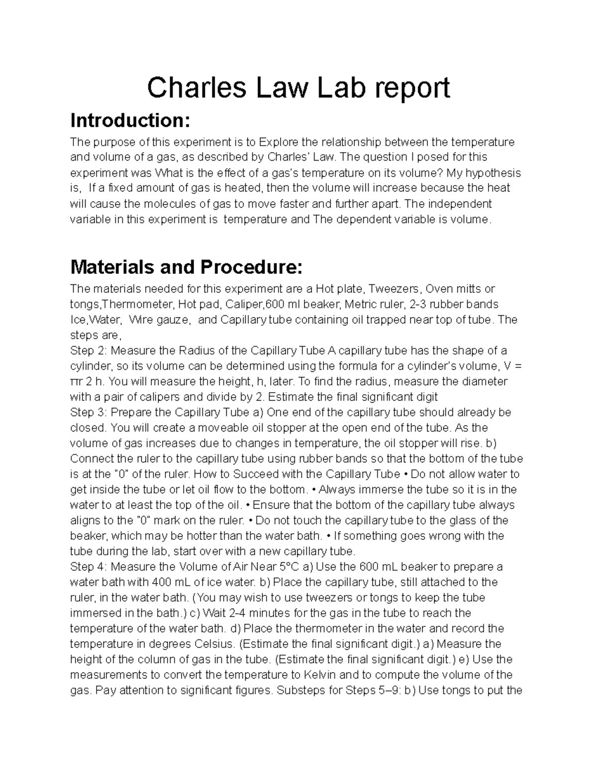 Charles law - great - Charles Law Lab report Introduction: The purpose ...