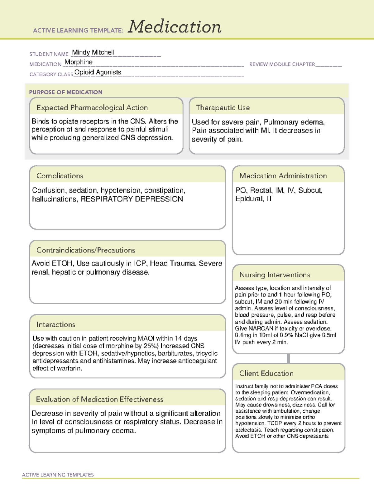 ATI Medication Template for Morphine - Active Learning Guide - Studocu