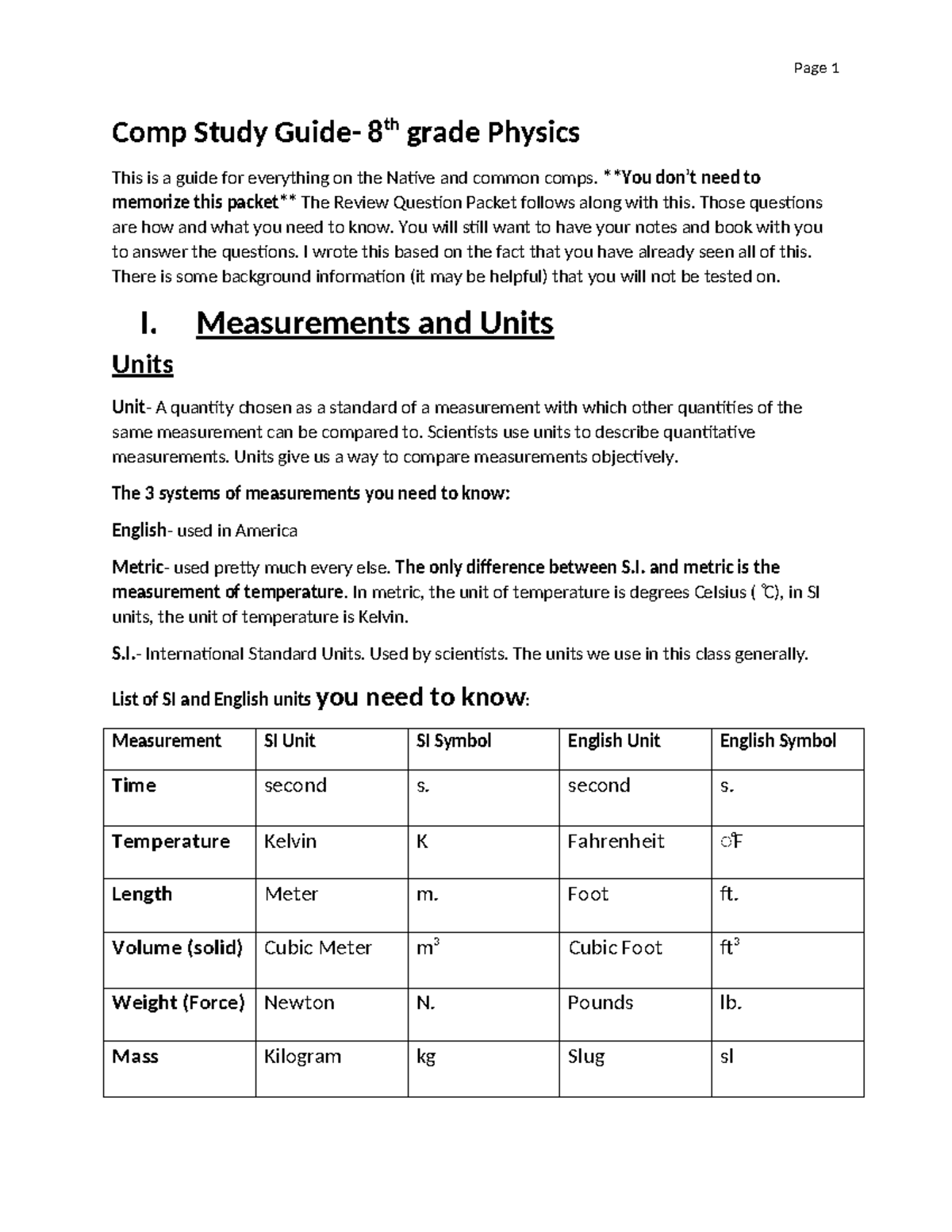 Comp Study Guide: 8th Grade Physics Concepts and Unit Conversions - Studocu