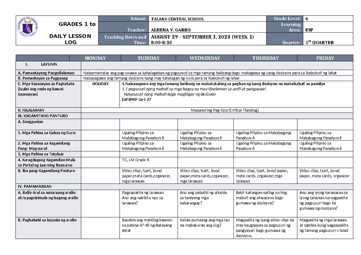 DLL ESP-6 Q1 W1 Daily Lesson Log for Grade 6 (Week 1) - Studocu
