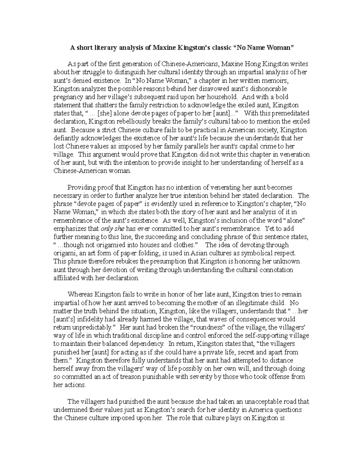 Literary analysis of no name woman - A short literary analysis of ...