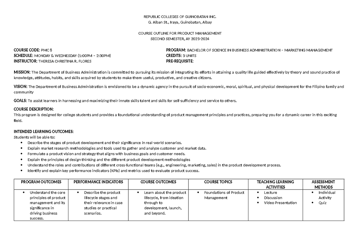 Product Management Syllabus (PMC 8) - Second Sem AY 2023 - Studocu
