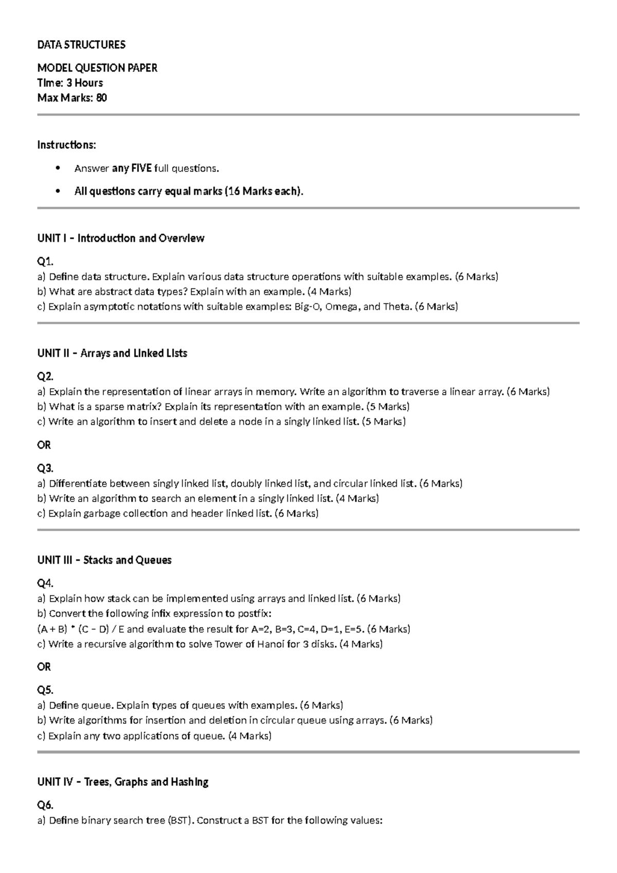 DATA STRUCTURES - MODEL QUESTION PAPER (3 Hours, 80 Marks) - Studocu