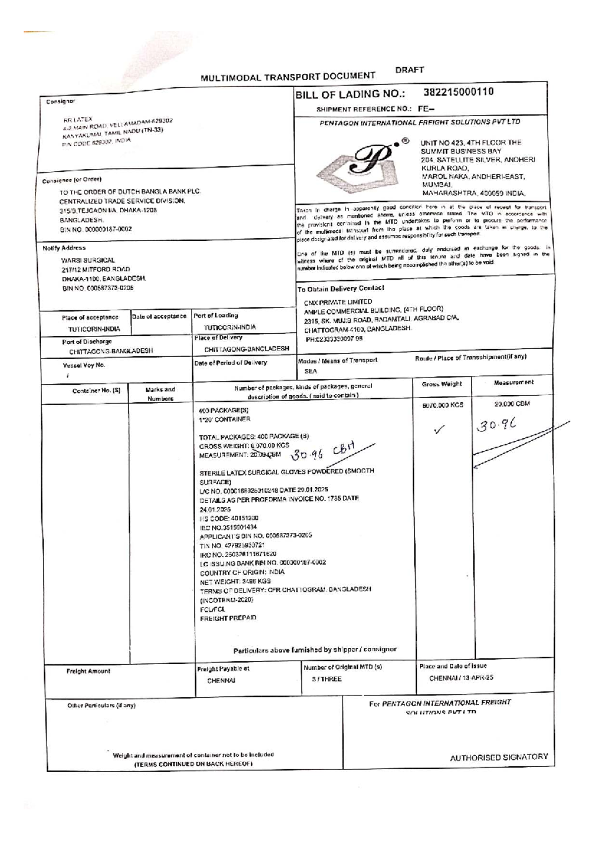 Multimodal Transport Bill of Lading - Shipment Reference No. 1735 - Studocu