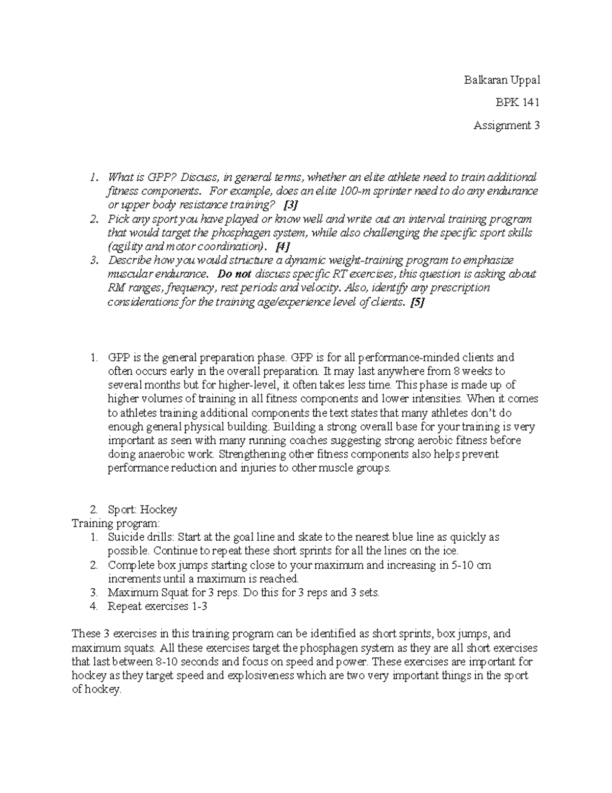 BPK 141 Assignment 3: GPP, Interval Training, and Muscular Endurance ...