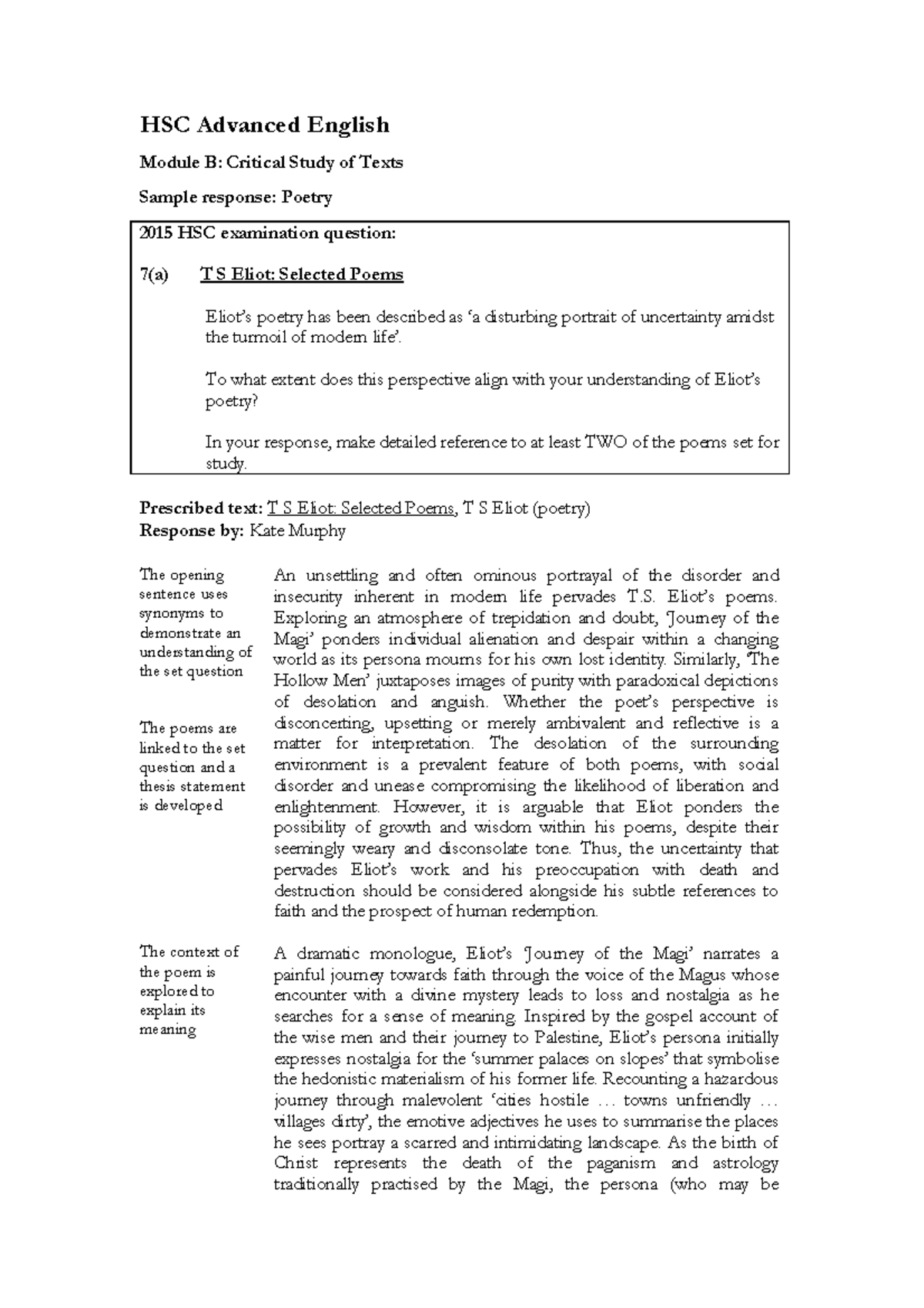 HSC Advanced English Module B: Critical Study of T.S. Eliot's Poetry ...