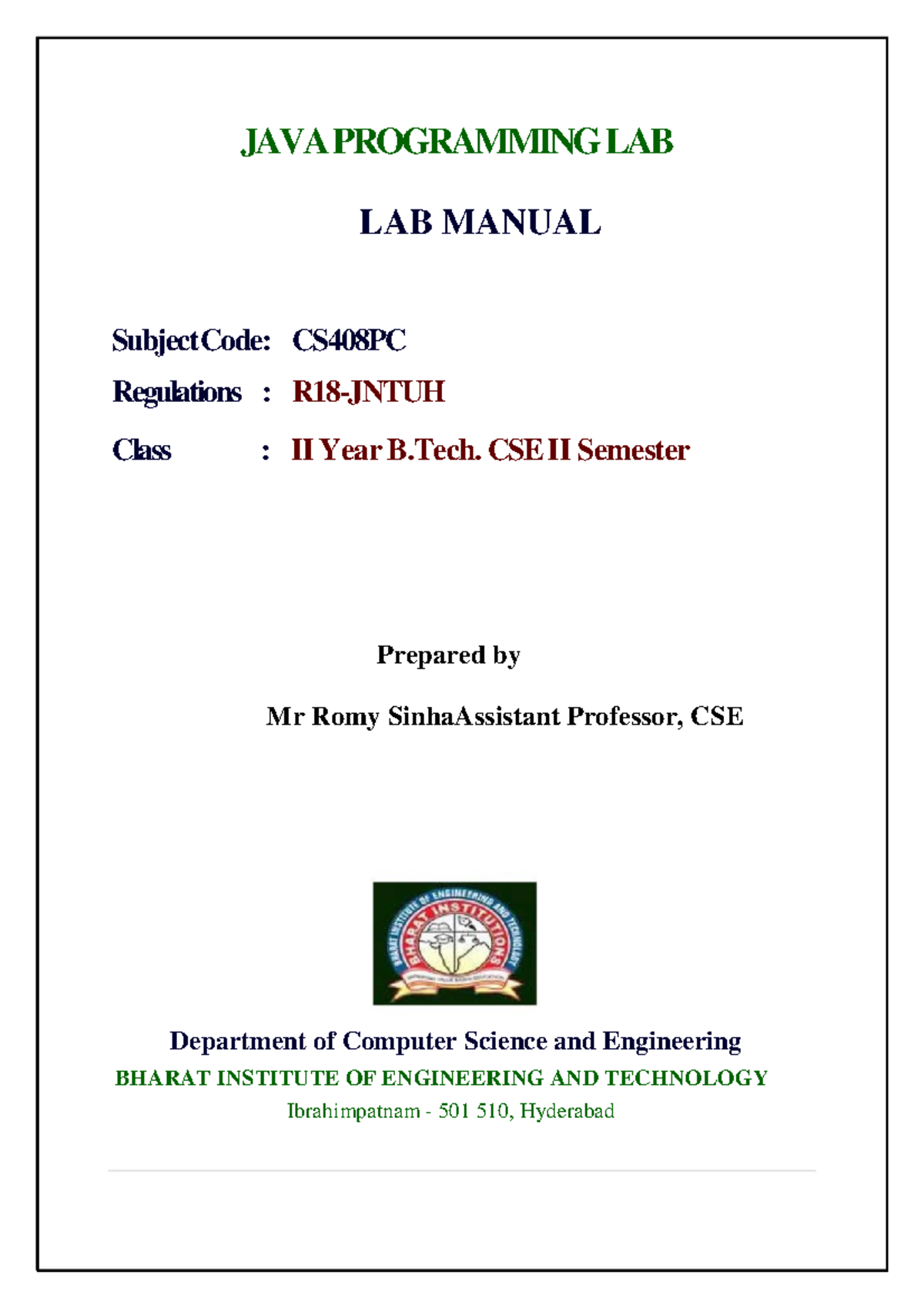 Java Programming Lab Manual - CS408PC for II Year B.Tech CSE - Studocu