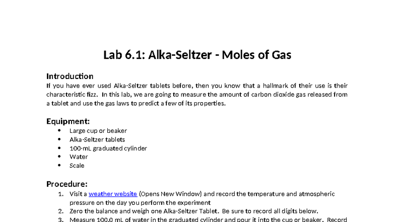 Lab 6.1: Alka-Seltzer Gas Measurement Experiment - Studocu