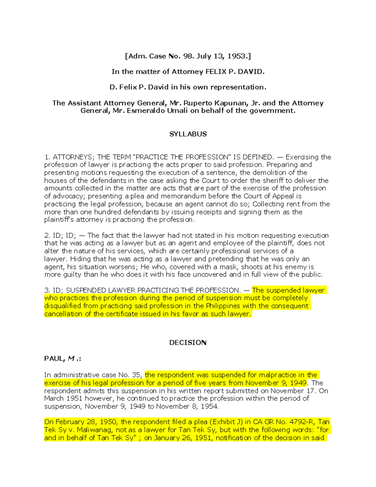 In re David: Adm. Case No. 98 (Disciplinary Proceedings Analysis) - Studocu