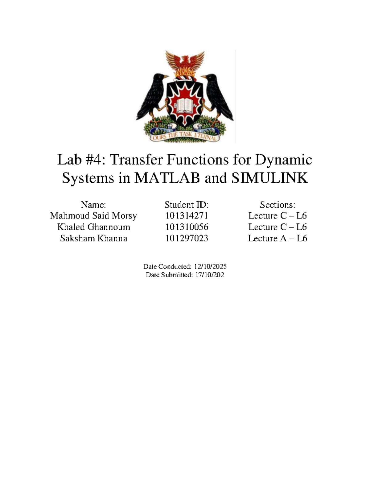 LAB 4 Report: Transfer Functions for Dynamic Systems in MATLAB & SIMULINK - Studocu