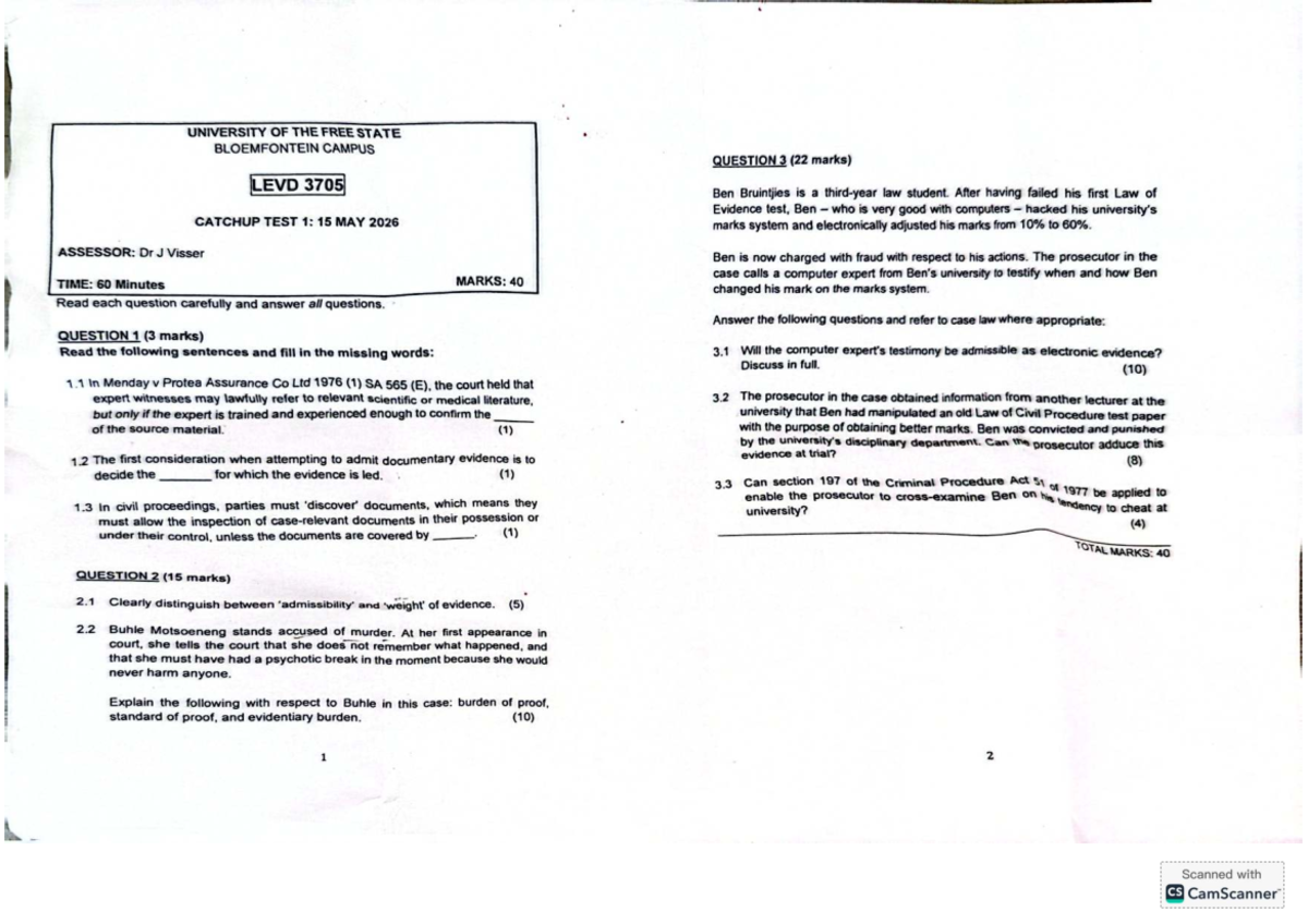 Catch Up Test LEVD 3705: Law of Evidence Case Analysis - Studocu