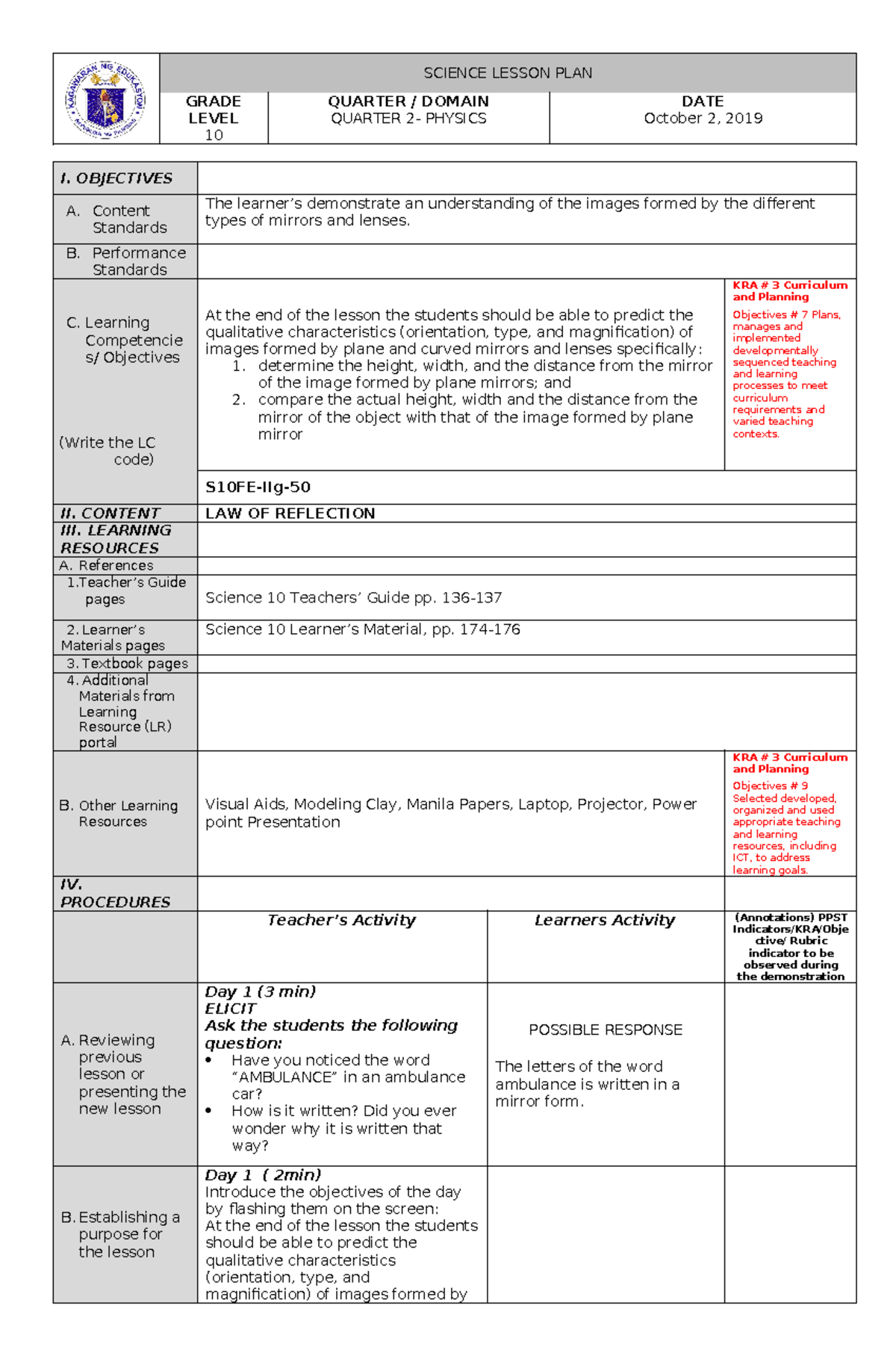 COT 10 Physics Lesson Plan on Reflection of Light and Mirrors - Studocu