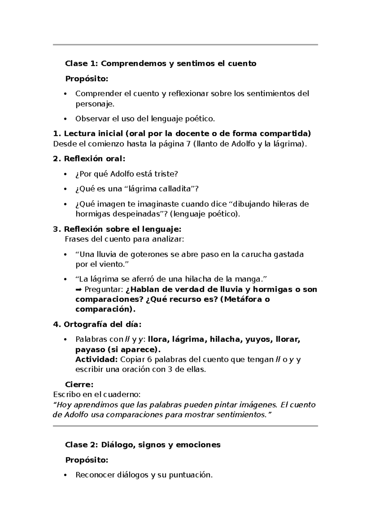 Secuencia de Clases: Cuento de Adolfo - Comprensión y Diálogo - Studocu
