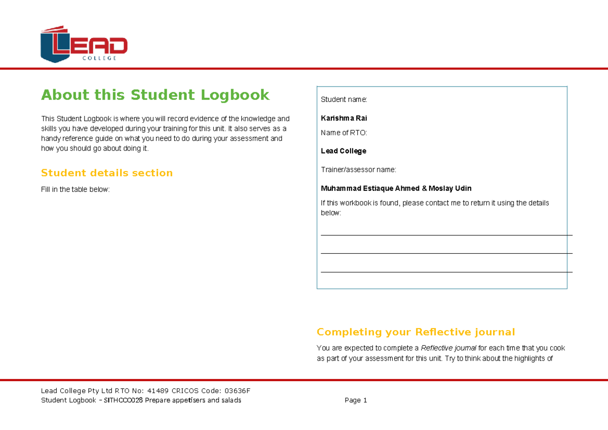 Sithccc 028 Student Logbook Karishma Rai - About this Student Logbook ...