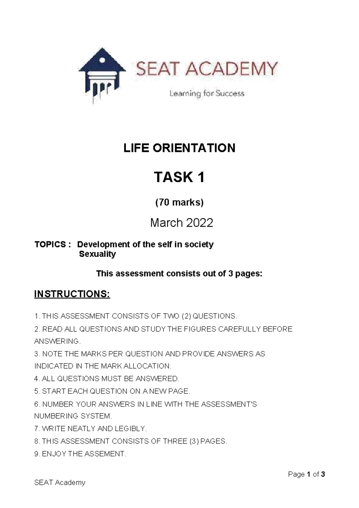 LIFE ORIENTATION TASK 1 (70 marks) - Grade 8 Summative Assessment - Studocu