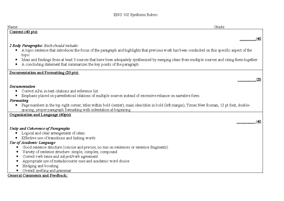 ENG 102 - Synthesis Rubric - ENG 102 Synthesis Rubric Name: Grade ...