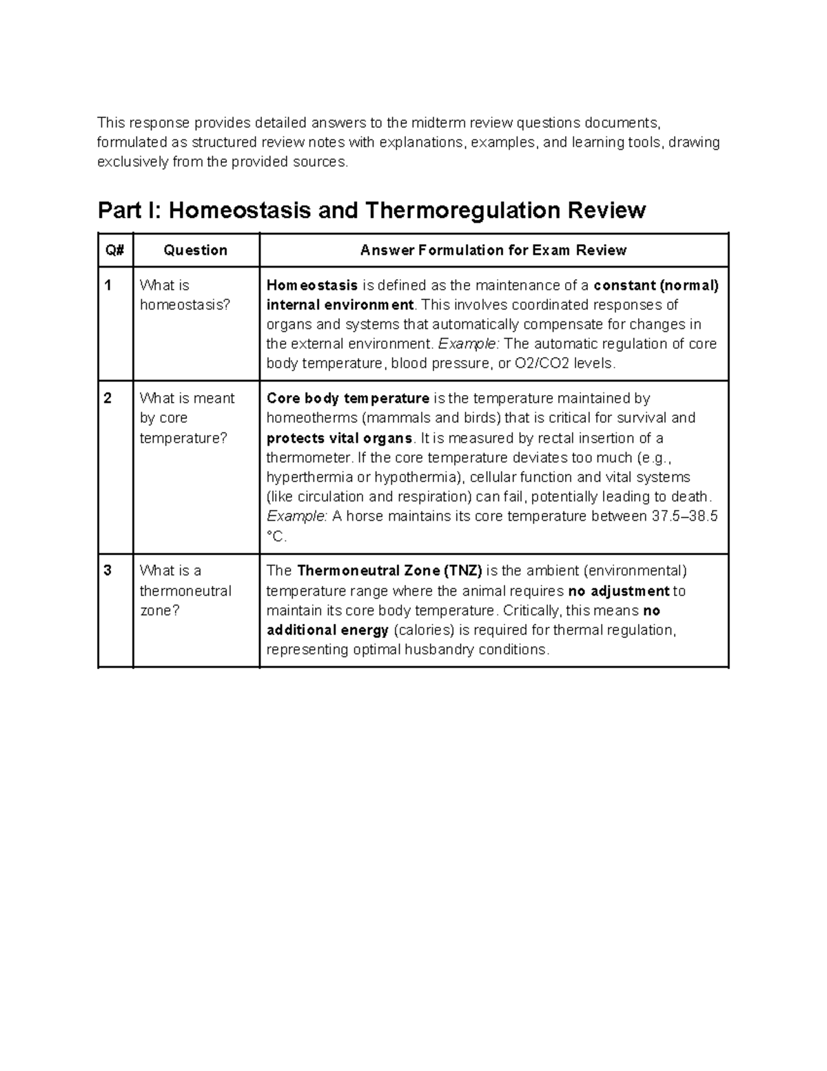ANSC3080 Midterm Review: Homeostasis, Thermoregulation, and ...