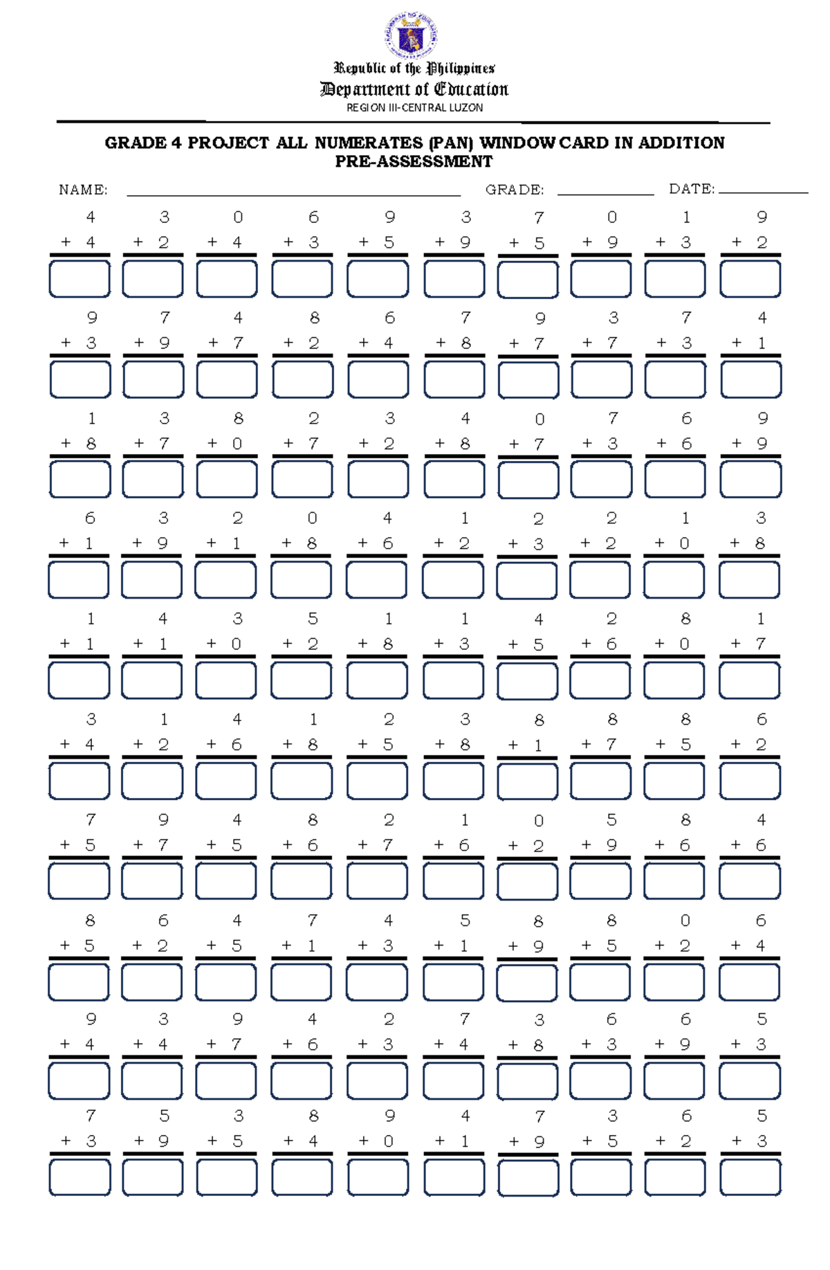 Grade 4 PRE-Assessment Window Cards on Addition & Subtraction - Studocu