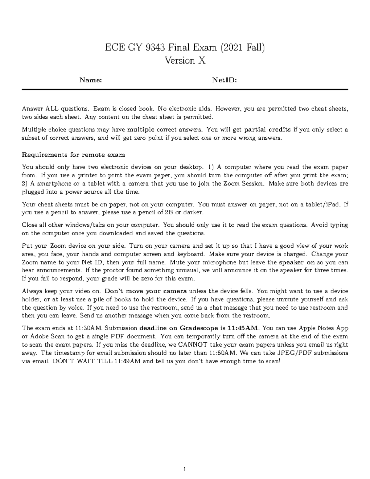 Final Exam ECE GY 9343 Solutions for Fall 2021 (Version X) - Studocu