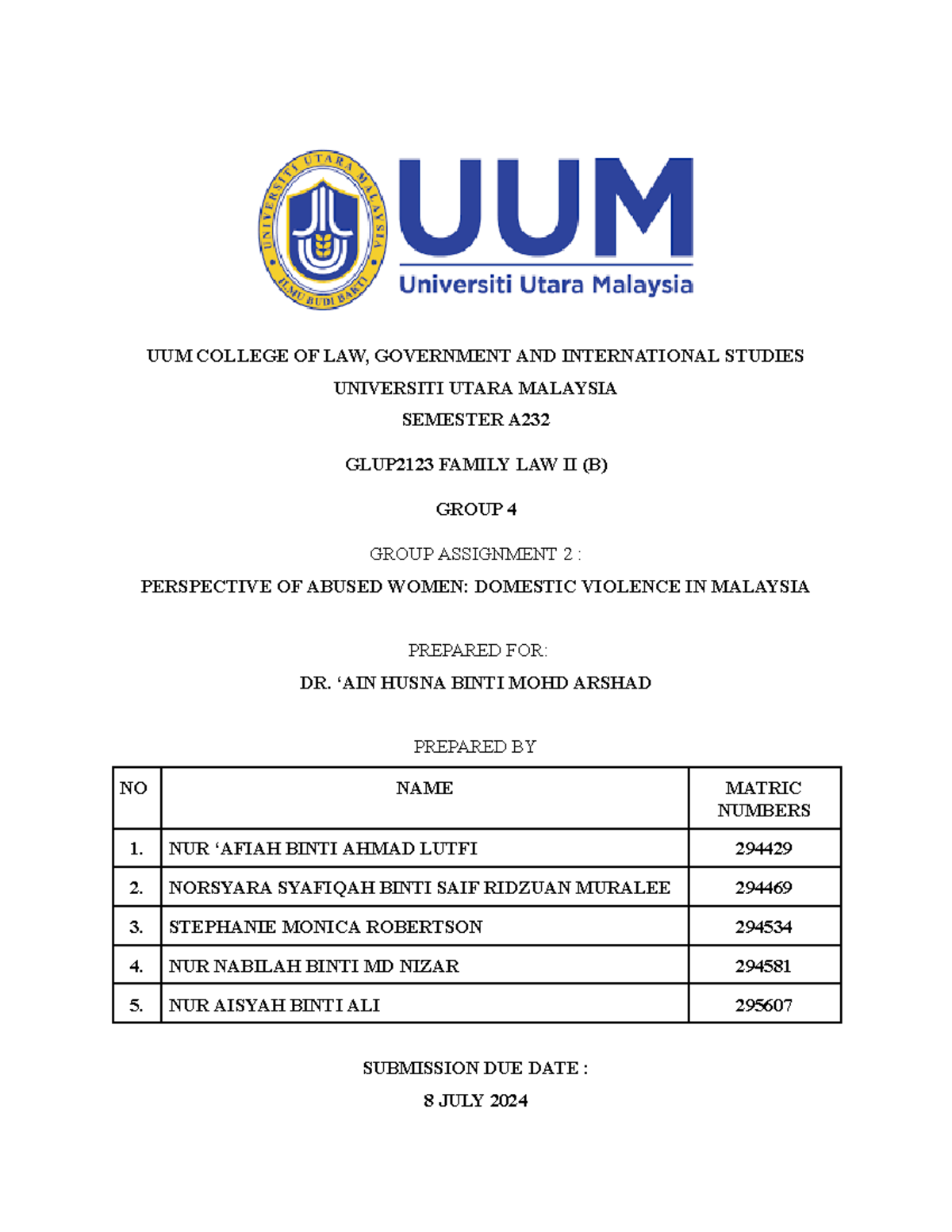 Family ASSG 2 - assignment - UUM COLLEGE OF LAW, GOVERNMENT AND ...