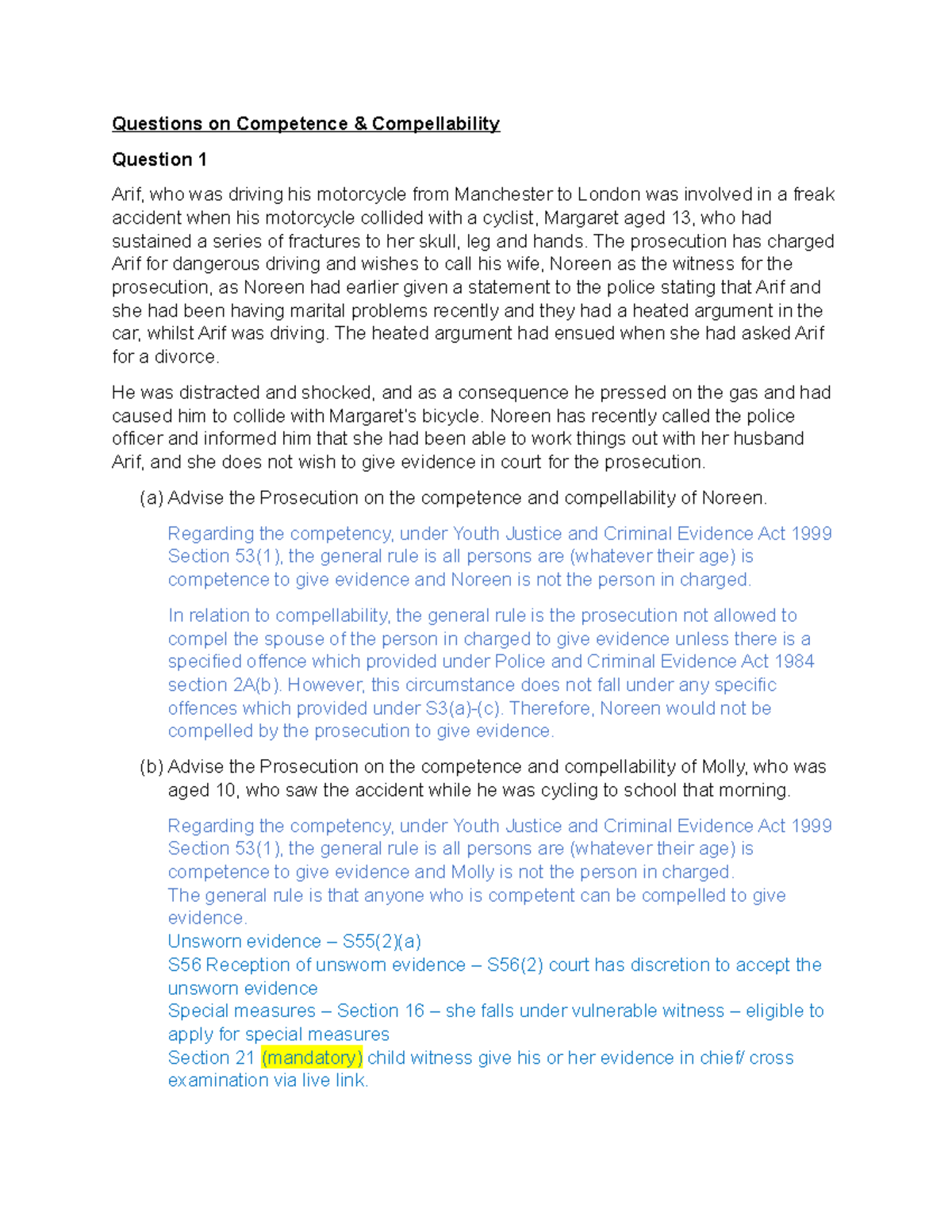 Problem Questions on Competence and compellability - Questions on ...
