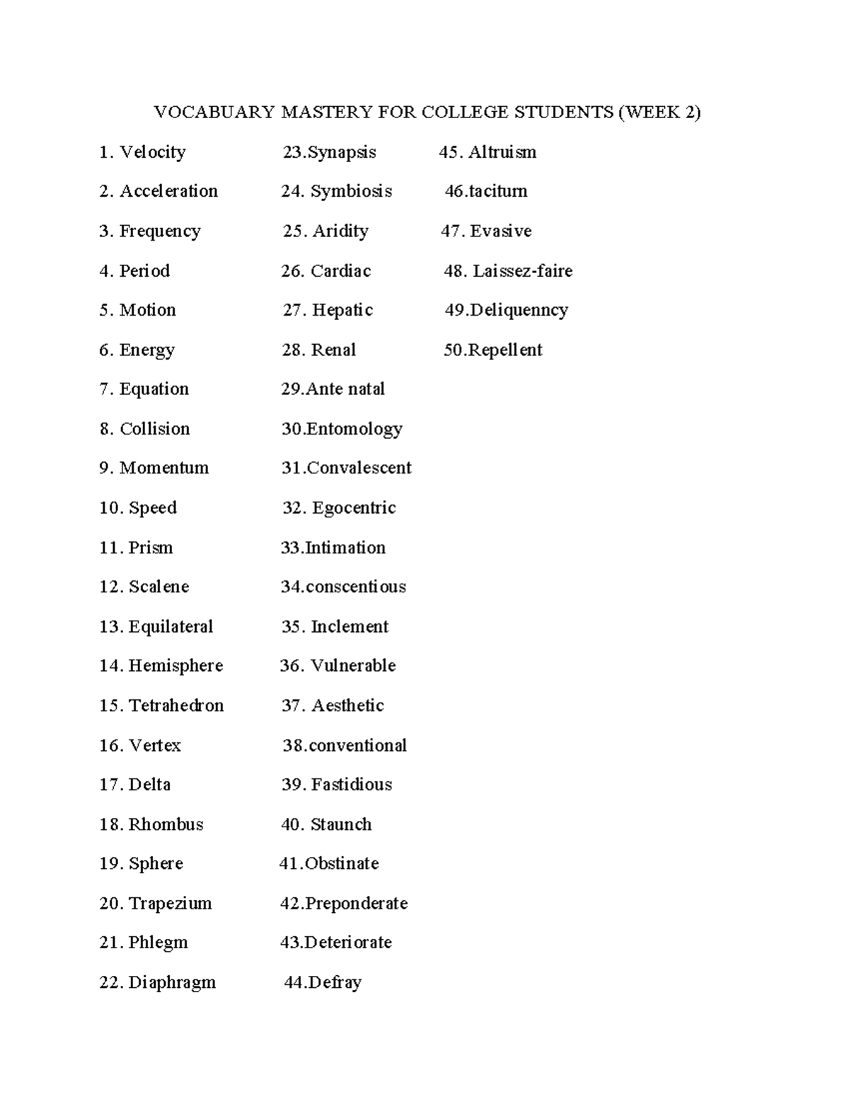 Mathematics checkpoint - VOCABUARY MASTERY FOR COLLEGE STUDENTS (WEEK 2 ...