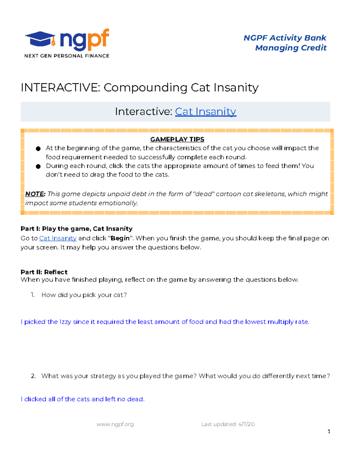 NGPF Activity: Managing Credit - Interactive Cat Insanity Game Insights ...
