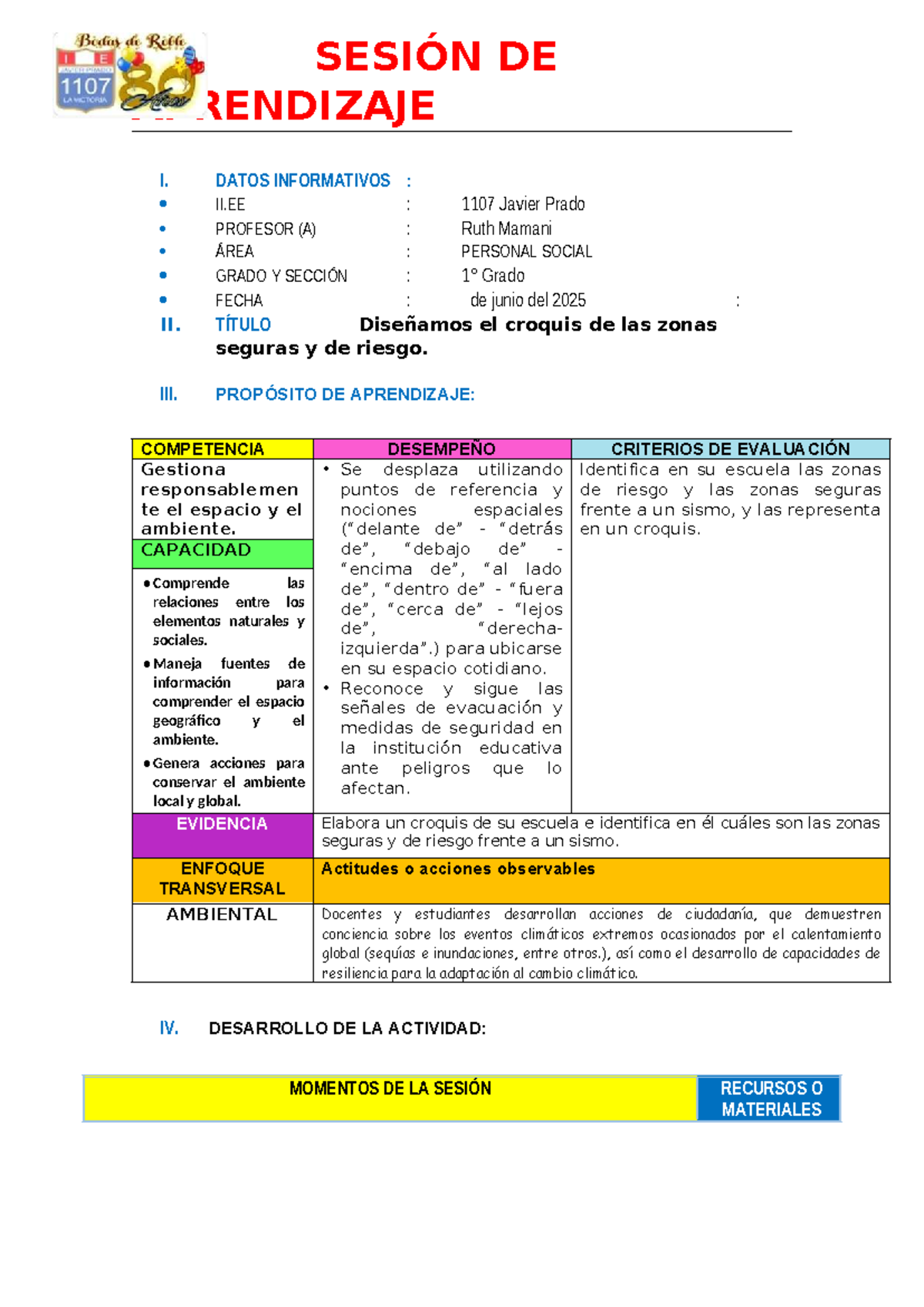 SESION DE APRENDIZAJE I: Croquis de Zonas Seguras y de Riesgo - Studocu