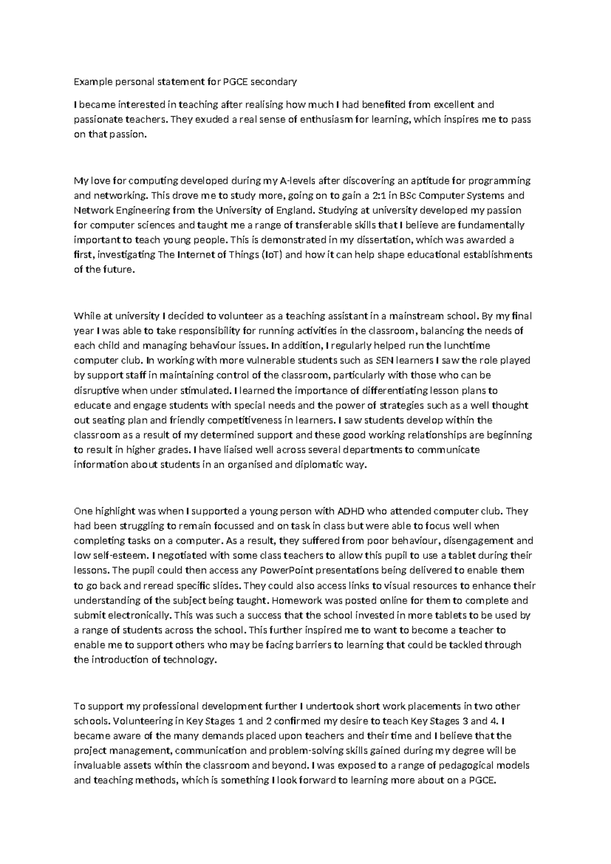 Personal Statement Example for PGCE Secondary Education - Studocu