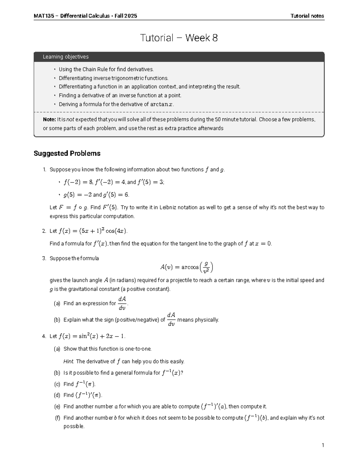 MAT135 Differential Calculus Fall 2025 Tutorial Week 8 Notes - Studocu