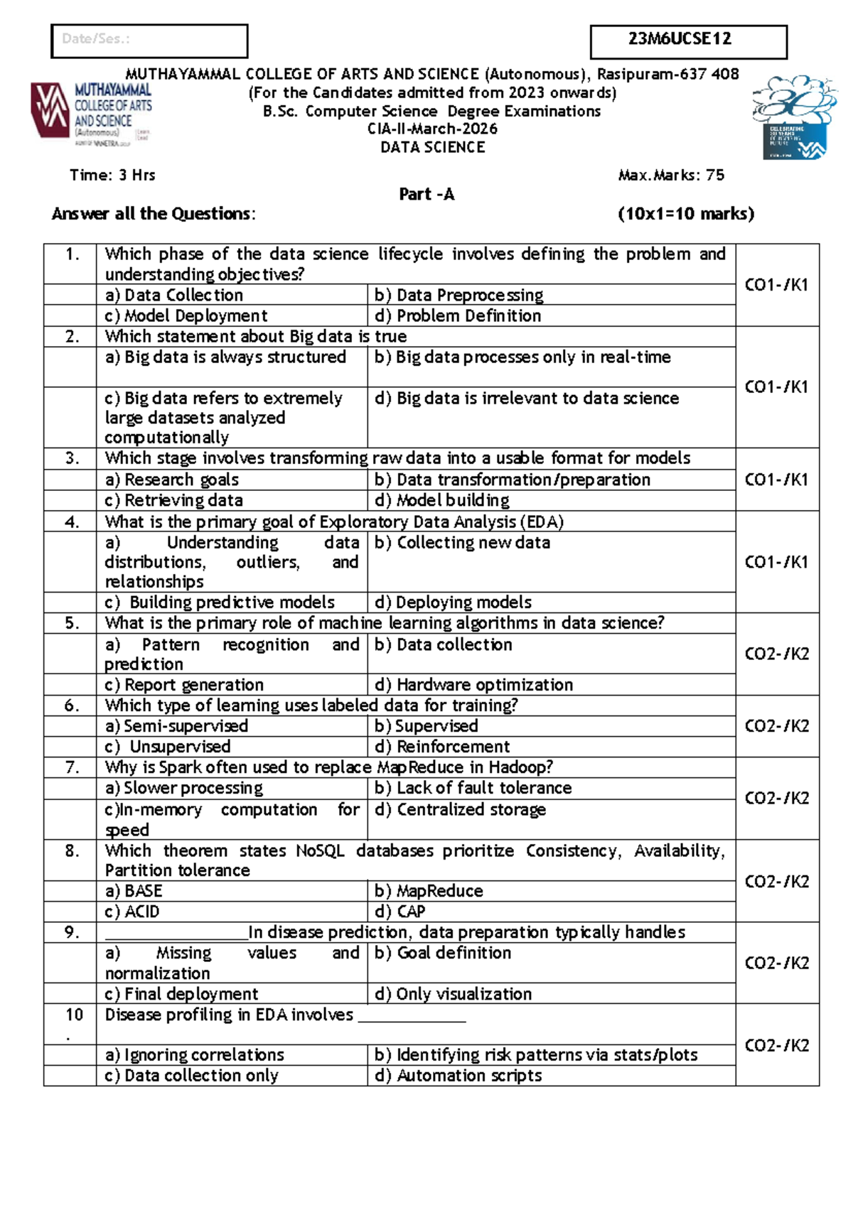 23M6UCSE12 Data Science Exam Questions Set II - Studocu