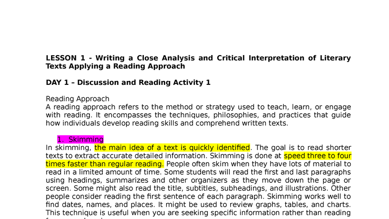 LECTURE NOTES: Lesson 1 - Close Analysis & Reading Approaches - Studocu