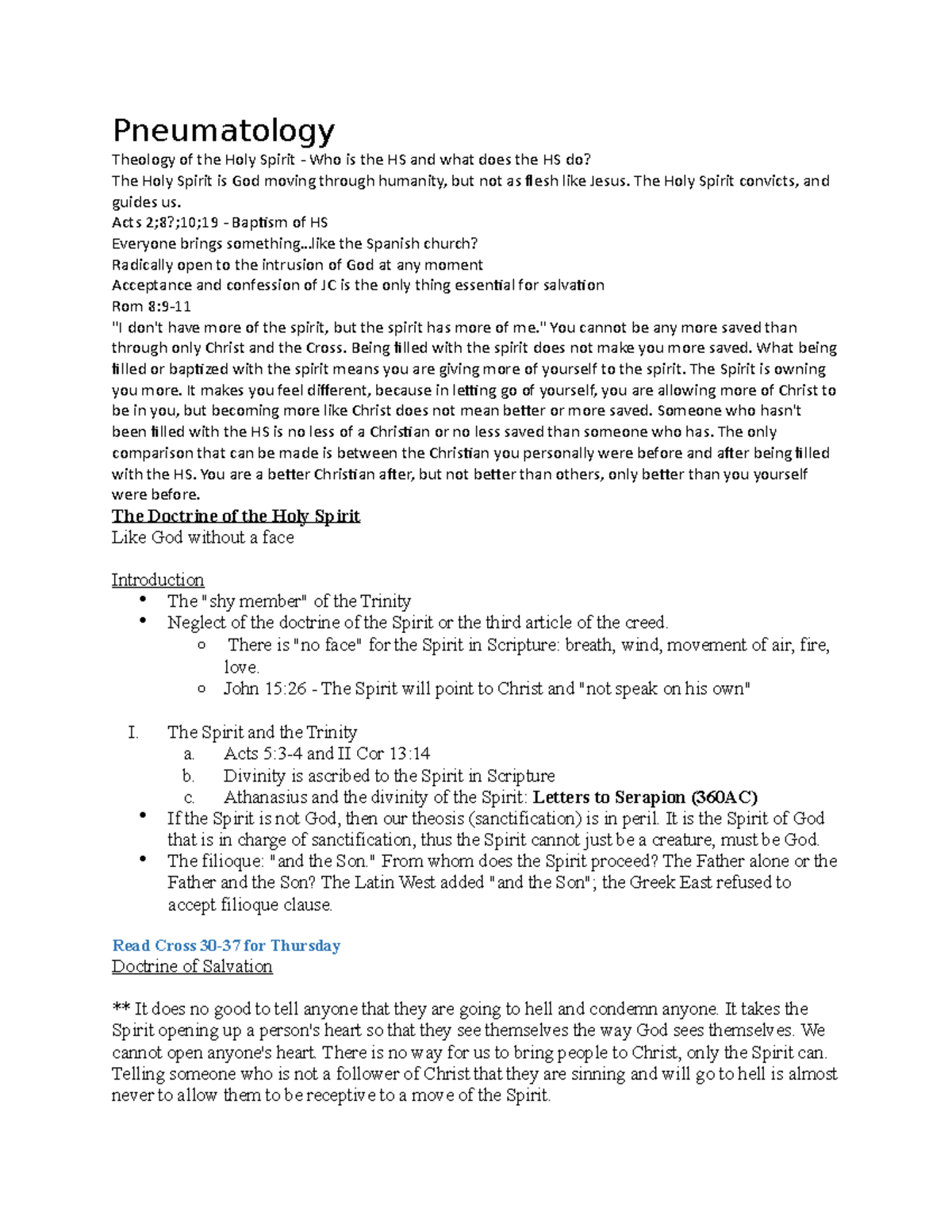 Pneumatology Lecture Notes - Spring 2023 | Dr. Terry Cross - Studocu