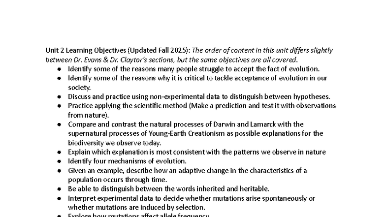 BIOL104 Unit 2 Learning Objectives: Evolution and Genetics Insights ...