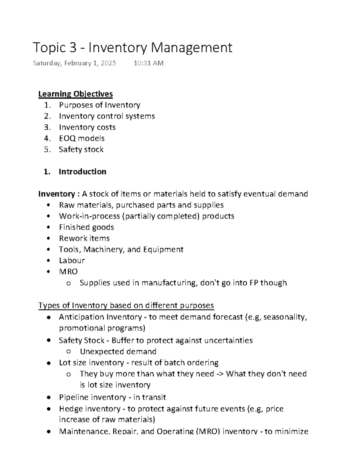 Inventory Management Notes: Key Concepts and EOQ Models - Studocu