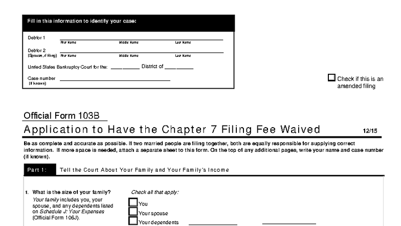 Application to Waive Chapter 7 Filing Fee - Form 103B - Studocu