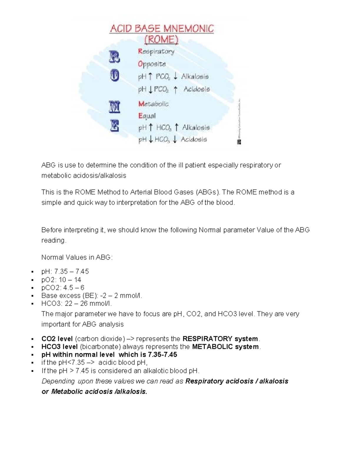 ROME Method for Interpreting Arterial Blood Gases (ABGs) - Studocu
