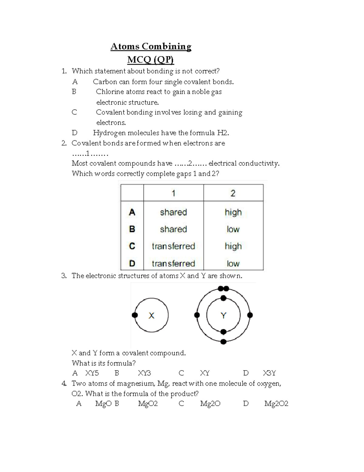 Atoms Combining MCQ (QP) - Bonding and Compounds Analysis - Studocu