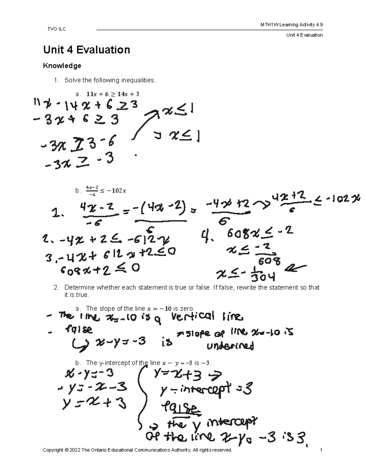 MTH1W Unit 4 Evaluation Learning Activity 4.9 Notes - Studocu