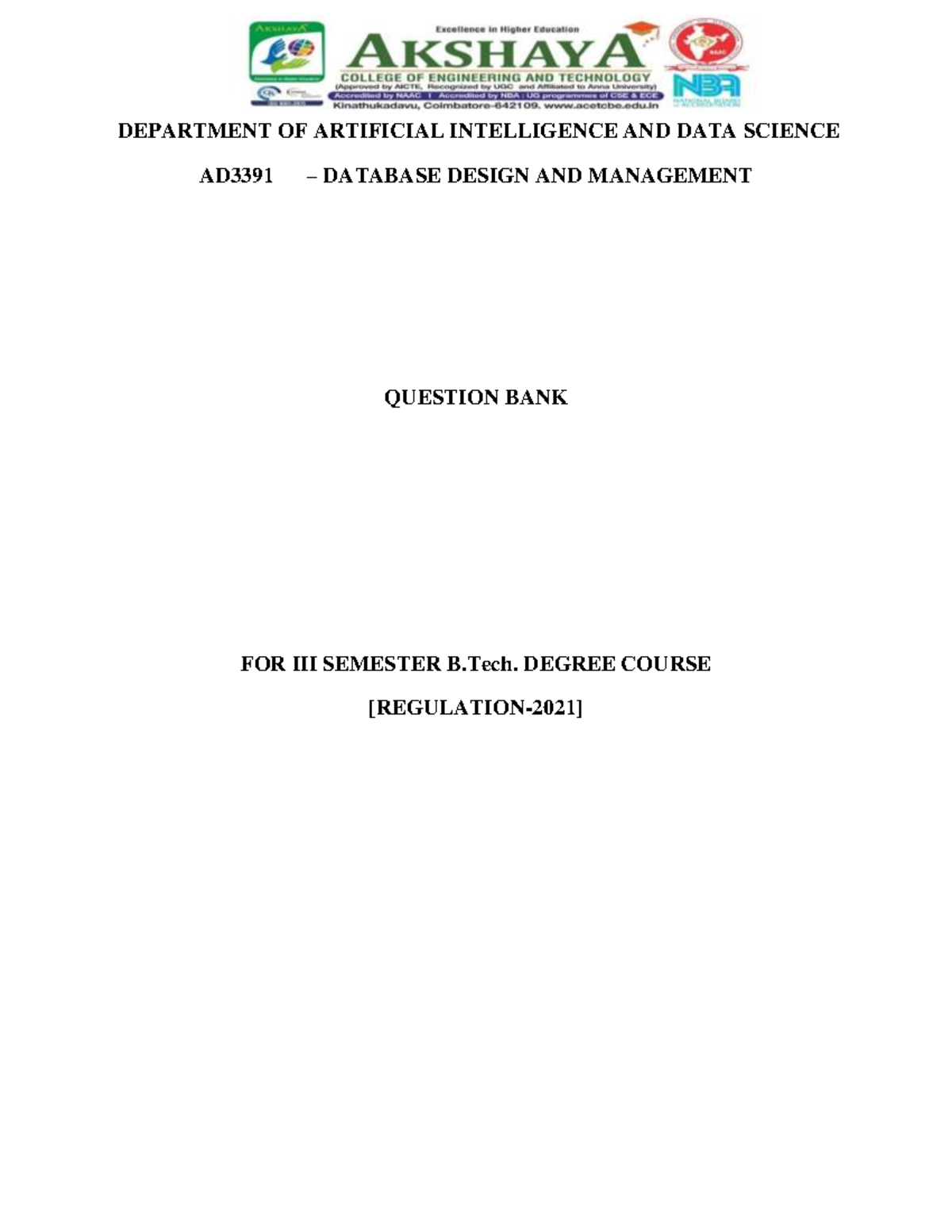 AD3391 DATABASE DESIGN AND MANAGEMENT QUESTION BANK: UNIT 1-5 - Studocu