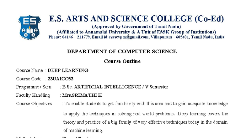 Deep Learning Course Outline - 23UAICC53 - B.Sc. AI V Sem - Studocu