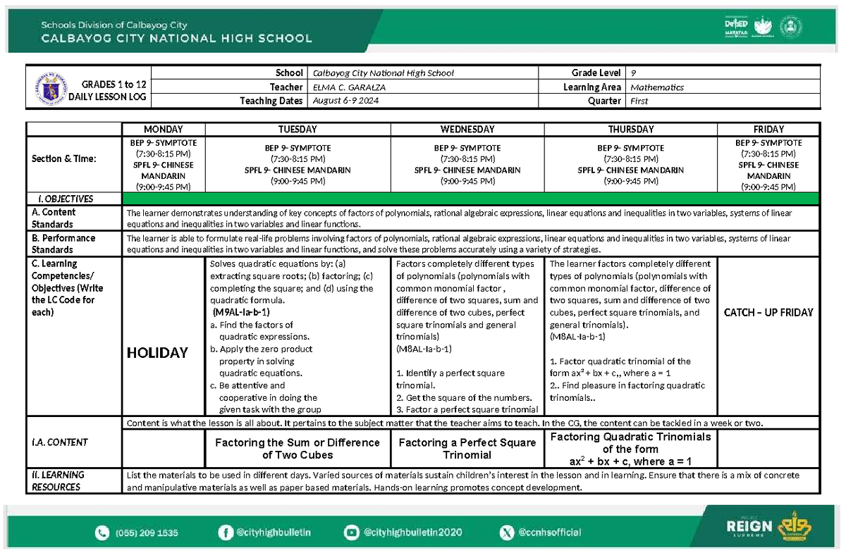MATH 8 DLL Q1 W2 - Weekly Lesson Plan for Grade 9 Mathematics - Studocu