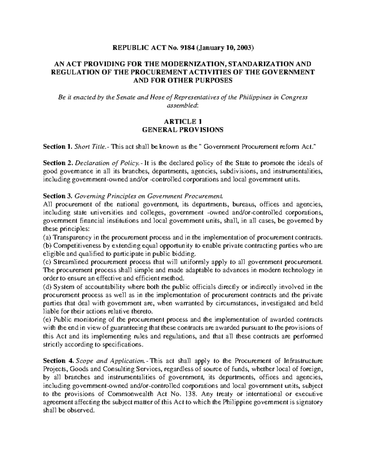 RA 9184: Government Procurement Reform Act Overview and Provisions ...