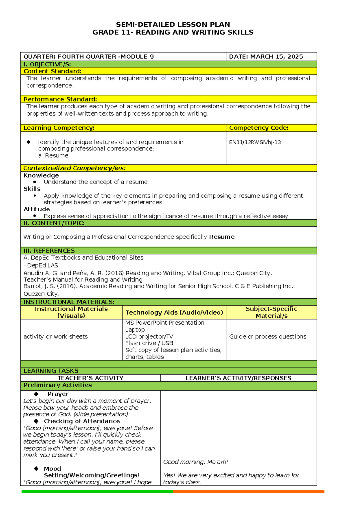 Resume Writing Lesson Plan for Grade 9 - 4th Quarter (March 15, 2025 ...