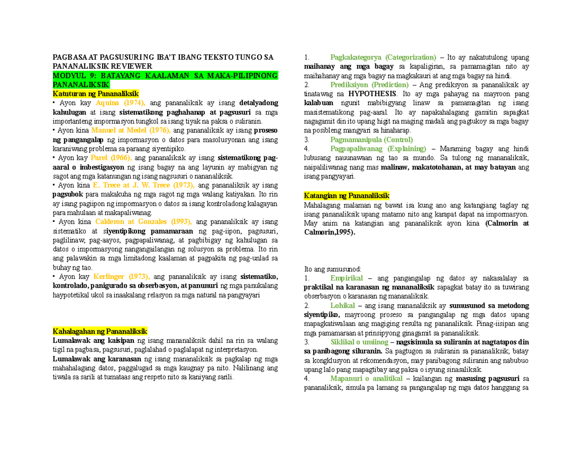 Pagbasa at Pananaliksik Q4 Reviewer (PAGBASA at PAGSUSURI) - Studocu