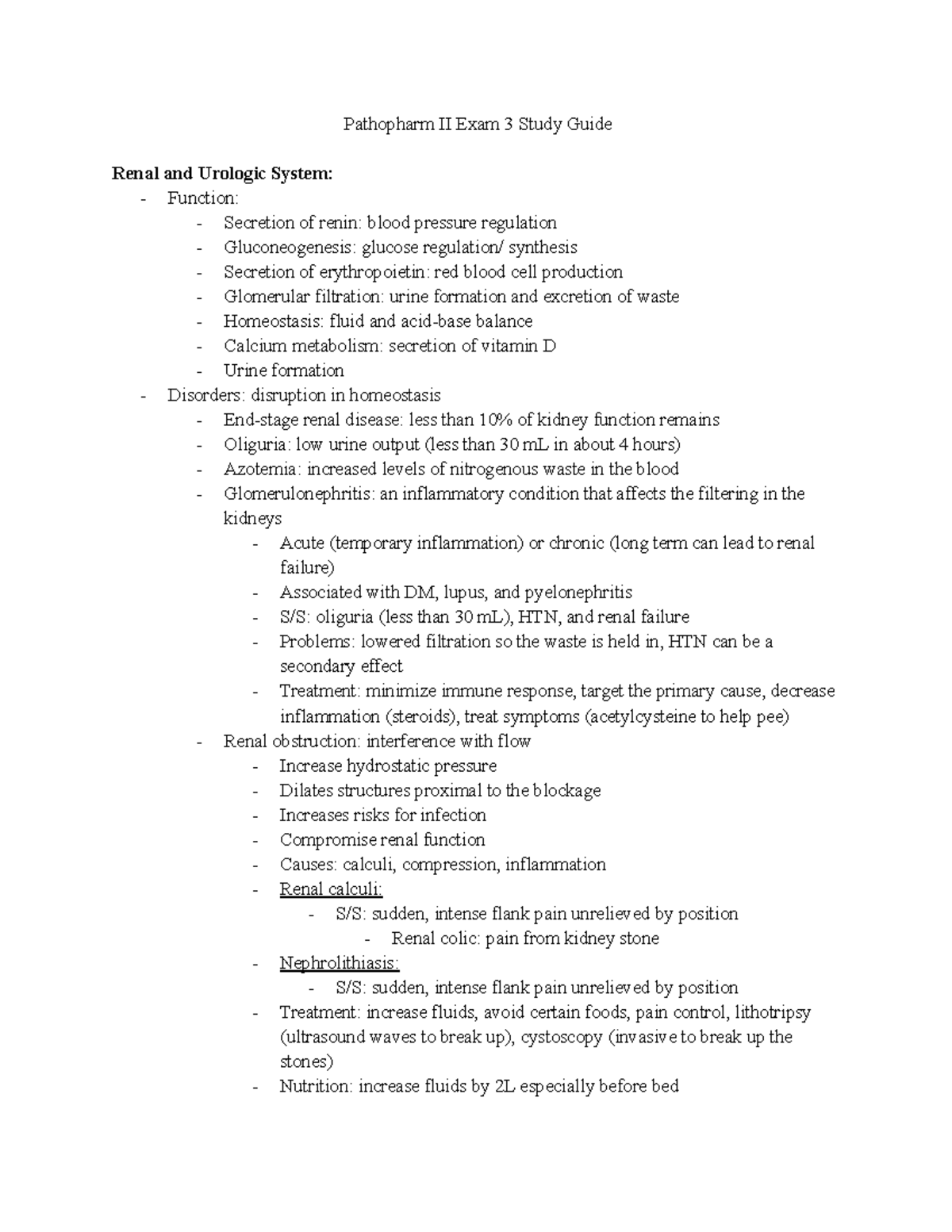Pathopharm II Exam 3 Study Guide: Renal & Endocrine Systems Overview ...
