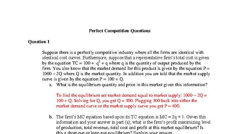 Summer 2010 Perfect Competition Questions - Answers - Studocu