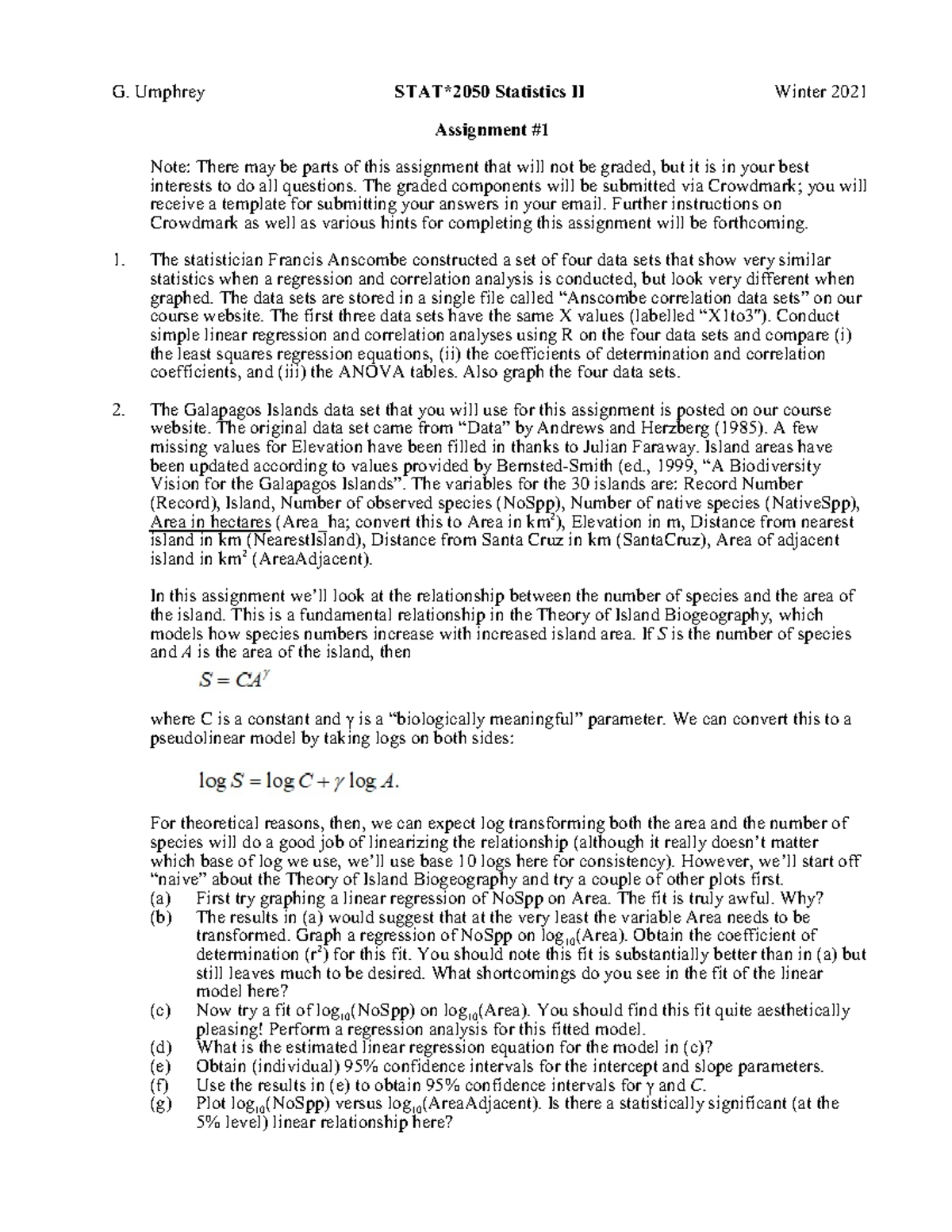 Assignment 1 - Stats II (STAT*2050) - Winter 2021 Study Guide - Studocu