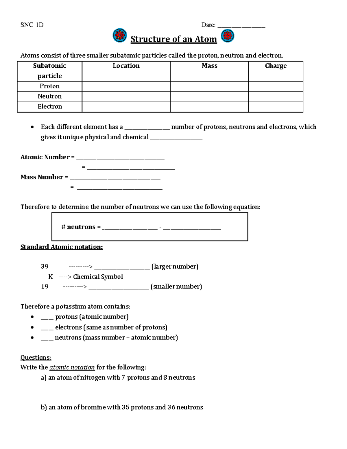 08- Structure of an Atom, isotope and bohr diagrams and worksheets - Structure of an Atom Atoms ...