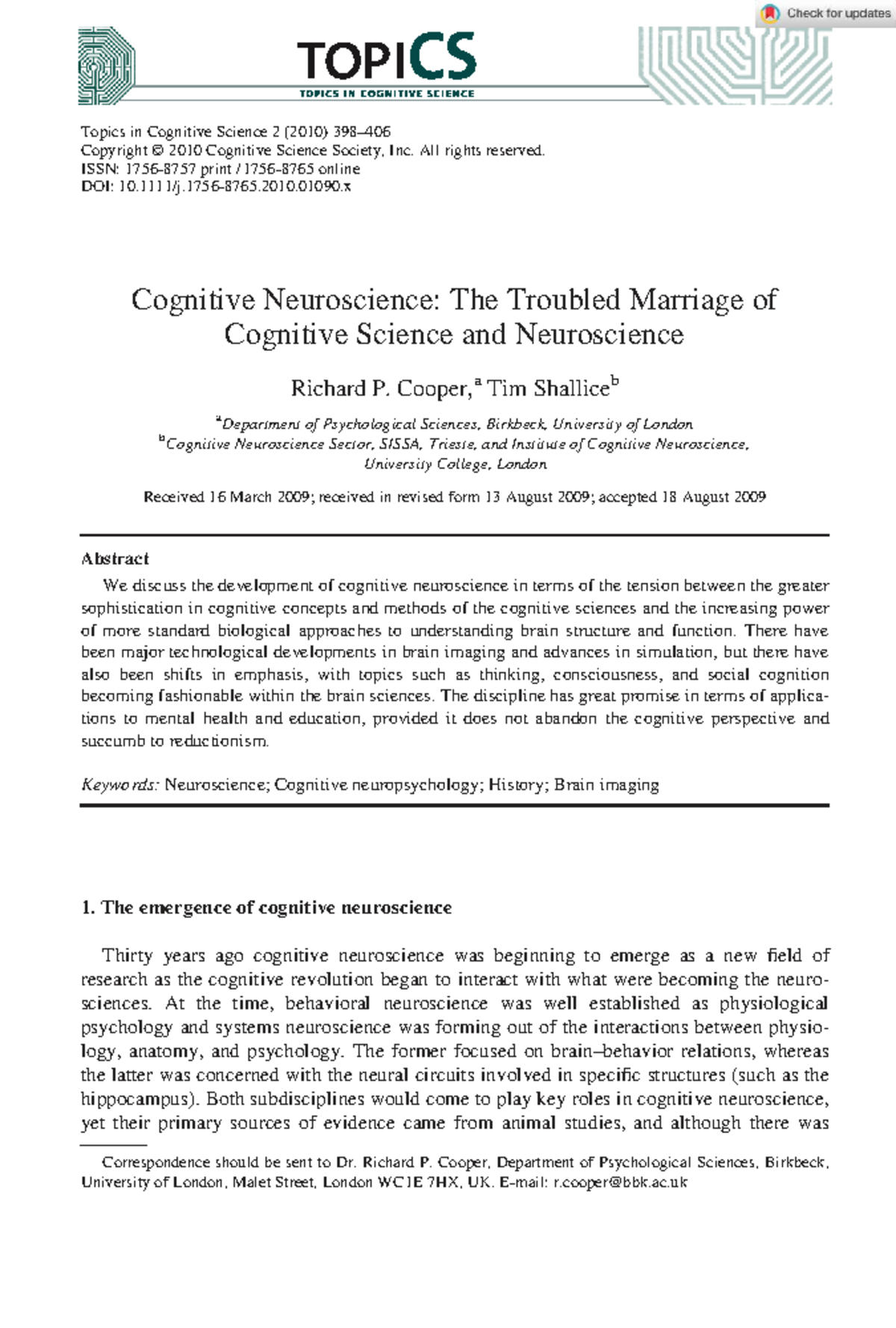 Cognitive Neuroscience (PSY 101): Exploring the Brain-Cognition Link ...